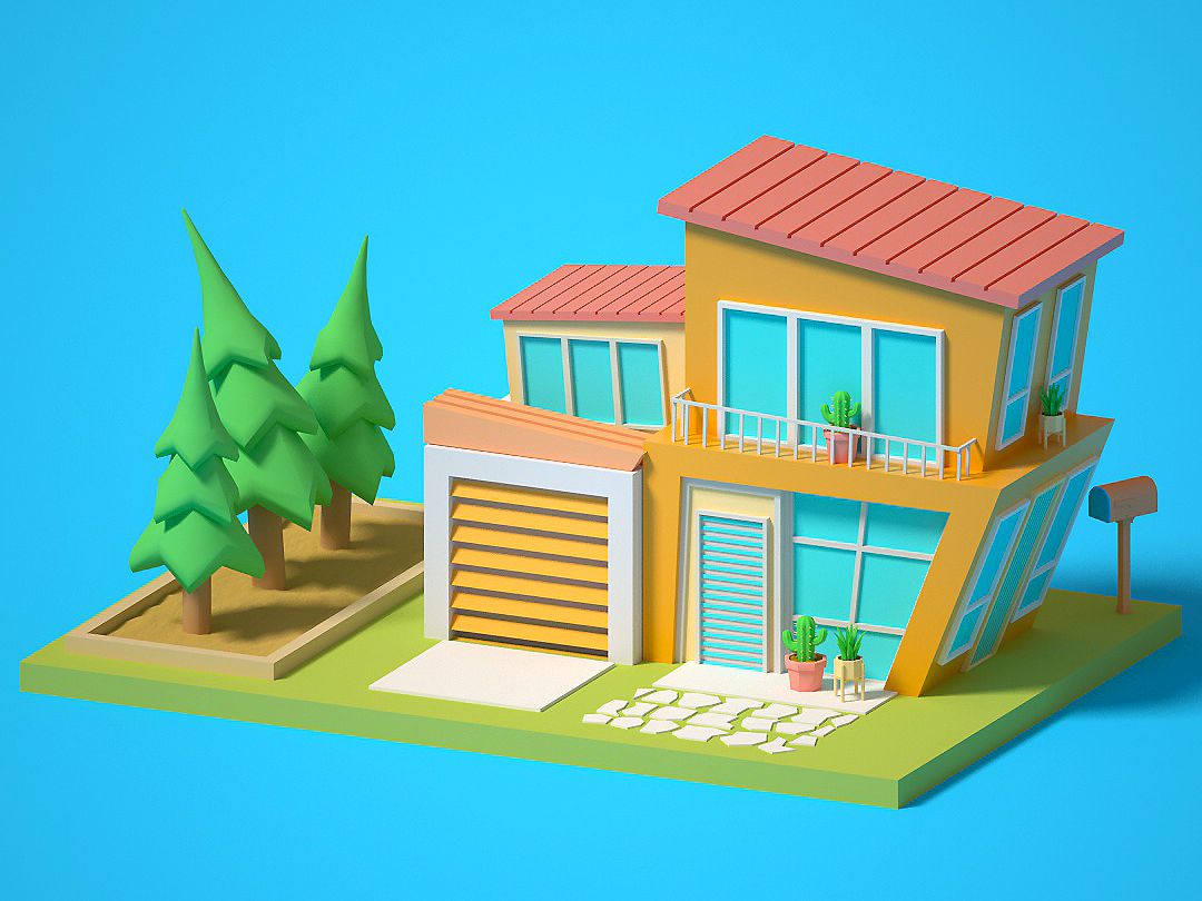 【C4D案例4】C4D异形别墅建模教程,敲清新LowPoly风小场景建模搭建