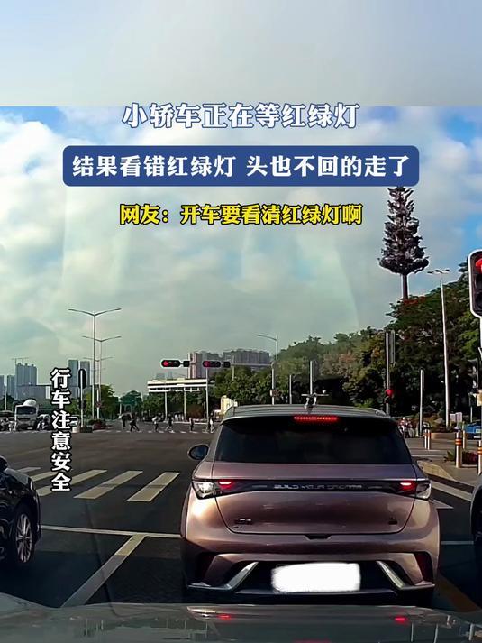 小轿车正在等红绿灯,结果看错红绿灯,头也不回的走了