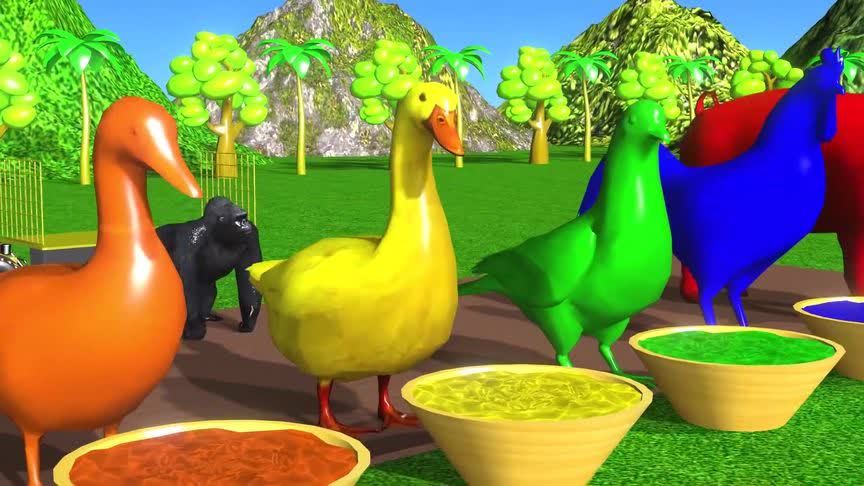 益智│亲子早教学颜色动画,鸭子和各种小动物喝了水果汁,变出彩色动物