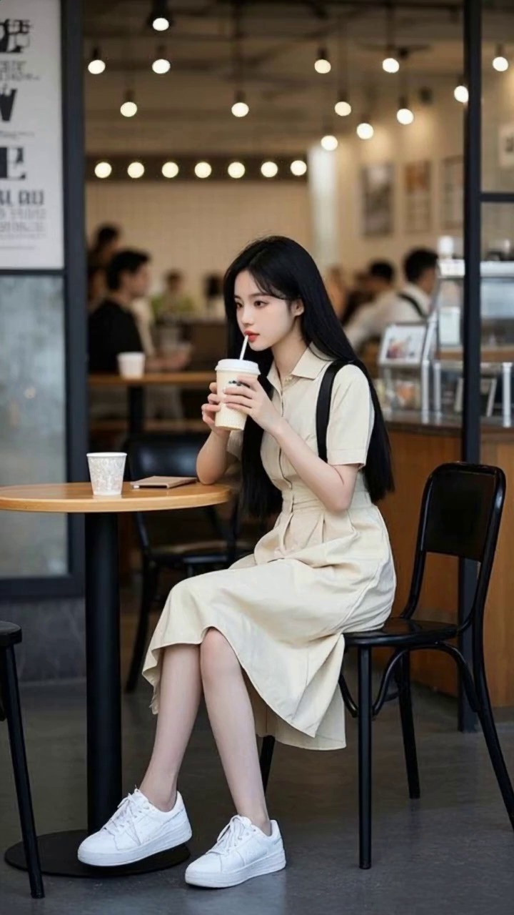 ...年轻女性坐在阳光明媚的咖啡店窗边,手捧热气氤氲的咖啡杯,面前摆放...