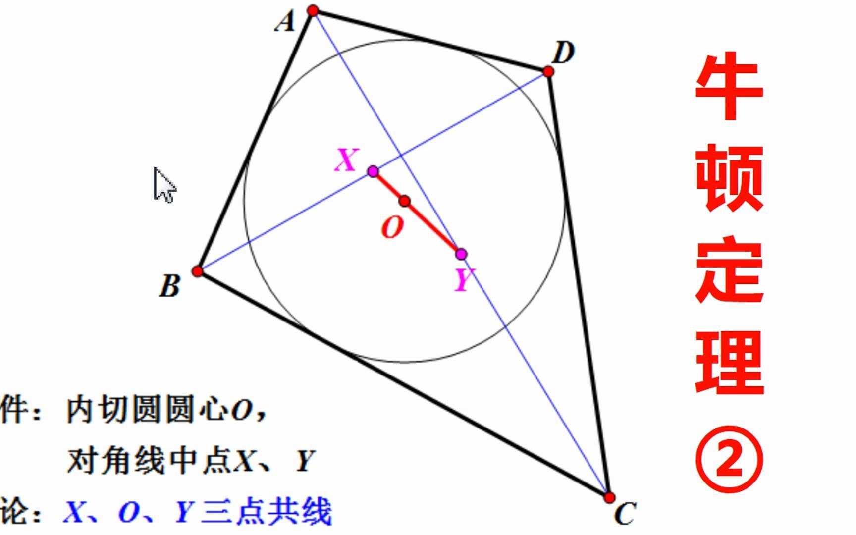 牛顿几何定理二:圆的外切四边形对角线的中点,与圆心三点共线
