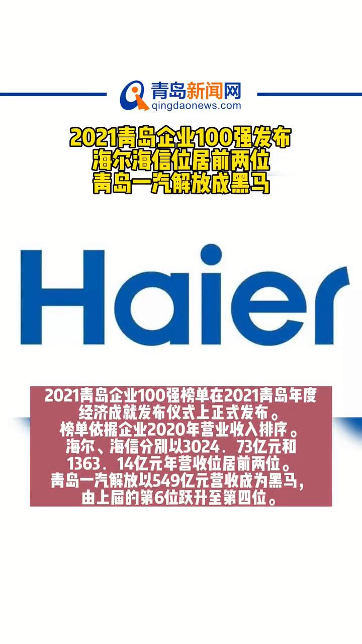 2021青岛企业100强发布,海尔海信位居前两位,青岛一汽解放成黑马#...