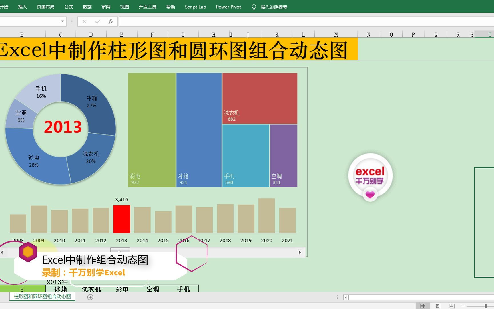 Excel中制作柱形图和圆环图组合动态图