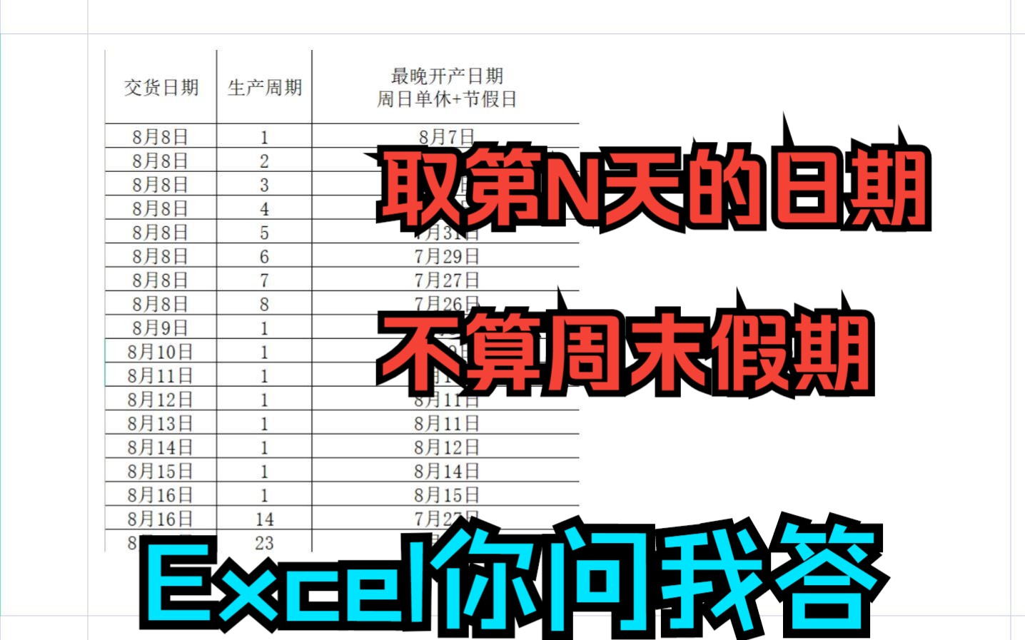 《Excel你问我答》已知日期求N天前的日期,但不要算周末跟节假日,...