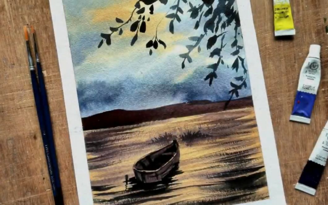 水彩入门风景教程|湖面小舟,跟着David学画画