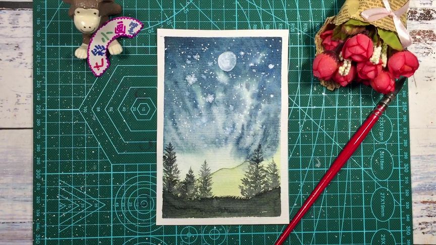 超级简单的一幅水彩星空画
