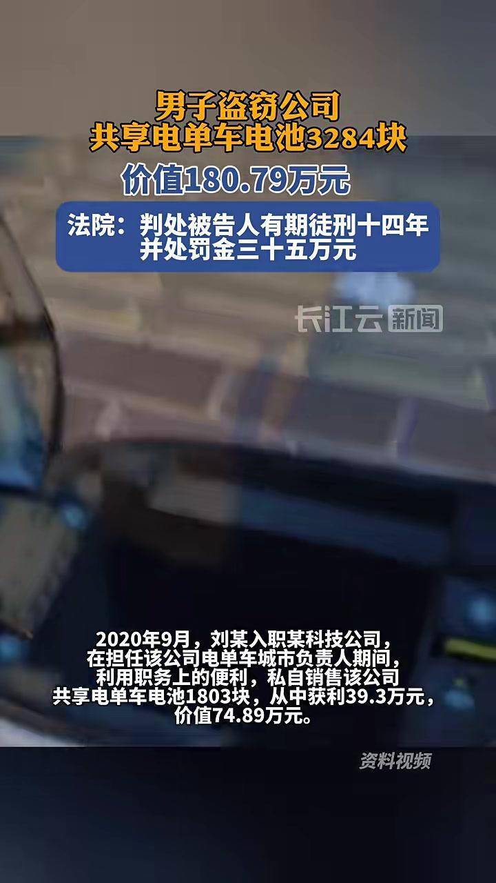 盗窃数千块共享电单车电池,男子获刑14年