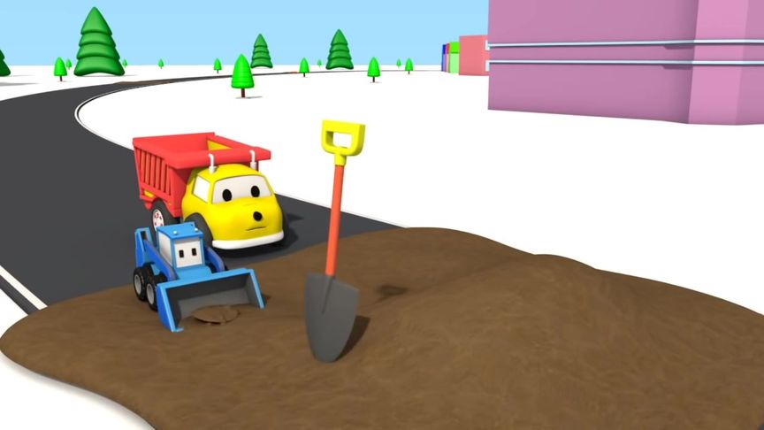 伊森翻斗车帮忙清理道路上的泥土 找来蓝色挖掘机帮手 汽车卡通