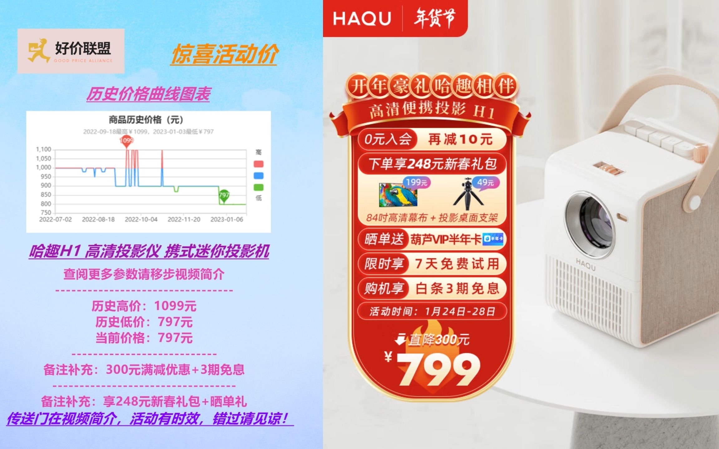 哈趣 H1 高清投影仪家用 卧室便携式迷你投影机(4K解码 1080P 350...