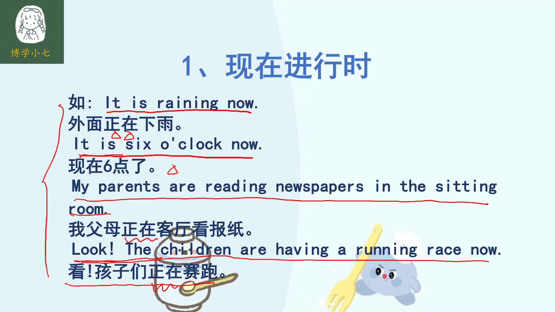 现在进行时的结构是什么?如何变疑问句和否定句,结合例句好掌握
