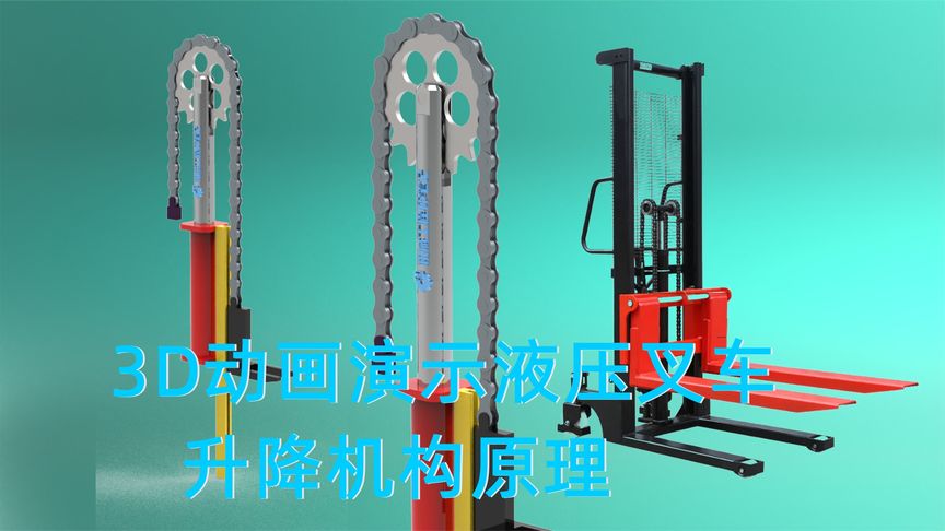 【33】液压缸与滚子链的经典应用,3D动画演示叉车的升降机构原理