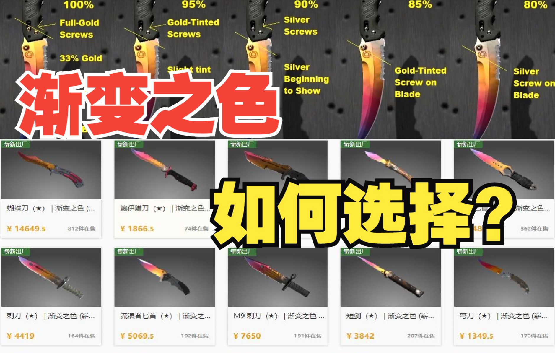 CSGO皮肤教学:渐变之色 刀型如何选择?(渐变比例,爆色渐变,大紫头,...