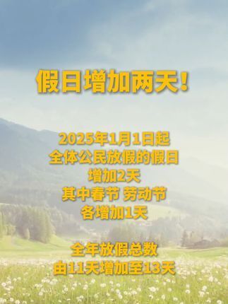 2025年起法定节假日增加两天,全年放假总数由11天增加至13天!