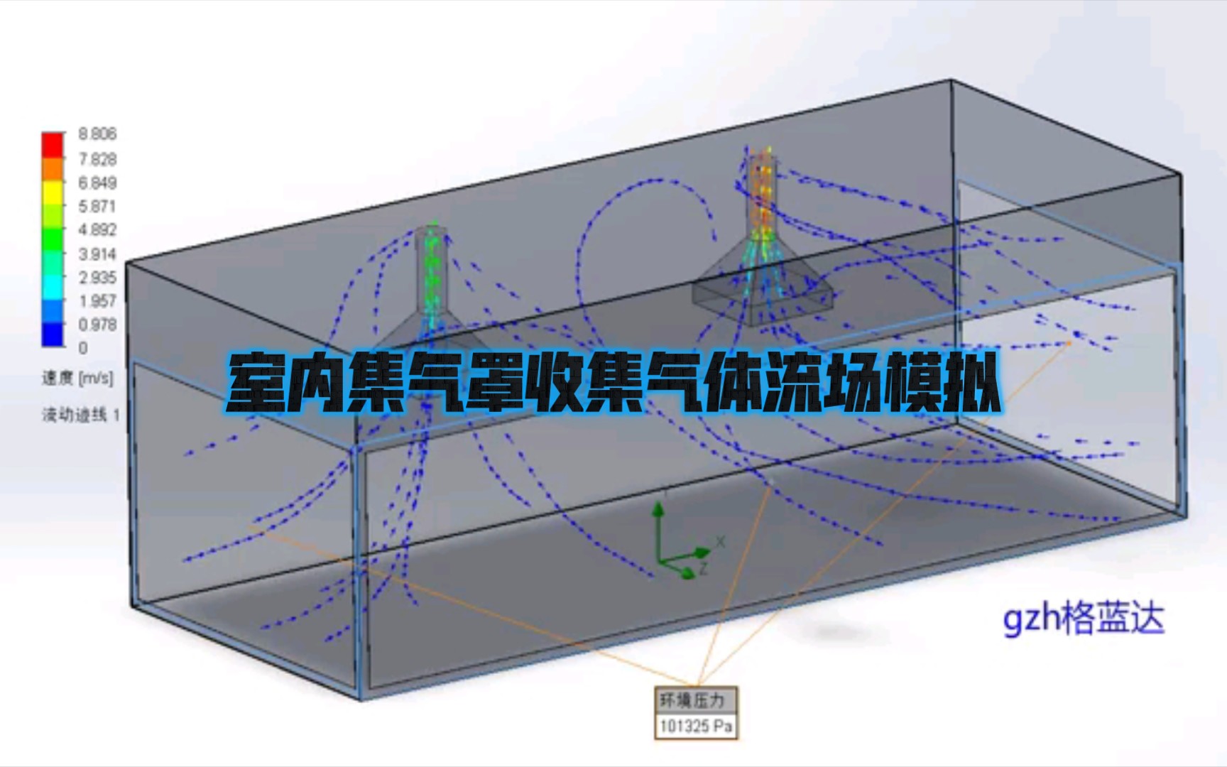室内集气罩收集气体流场模拟-1流动迹线 by SolidWorks