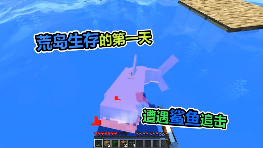 MC我的世界:荒岛生存的第一天,就遭到鲨鱼的追击