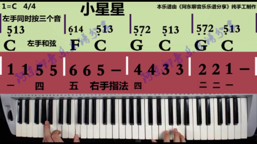简单学电子琴系列(7):《小星星》标注左手和弦+右手指法