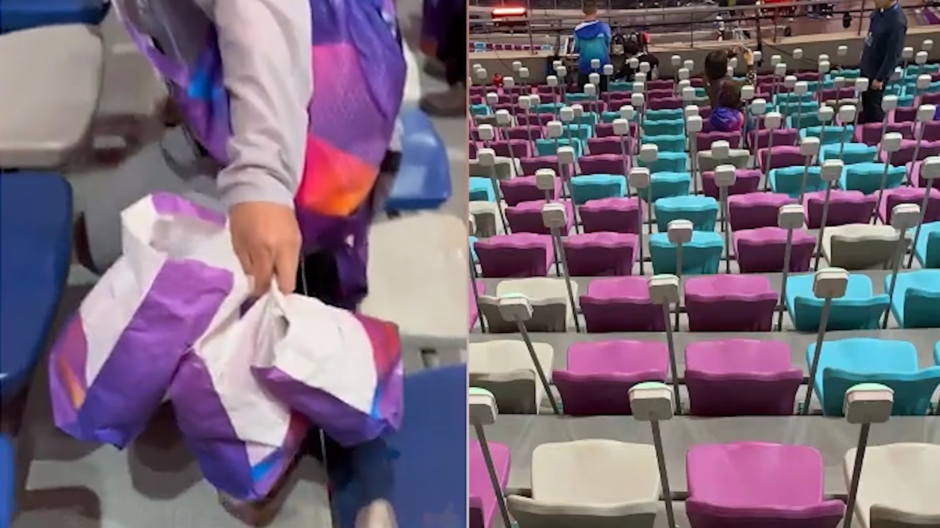 杭州亚运会开幕式结束,观众离场捡走垃圾,座位周围干干净净