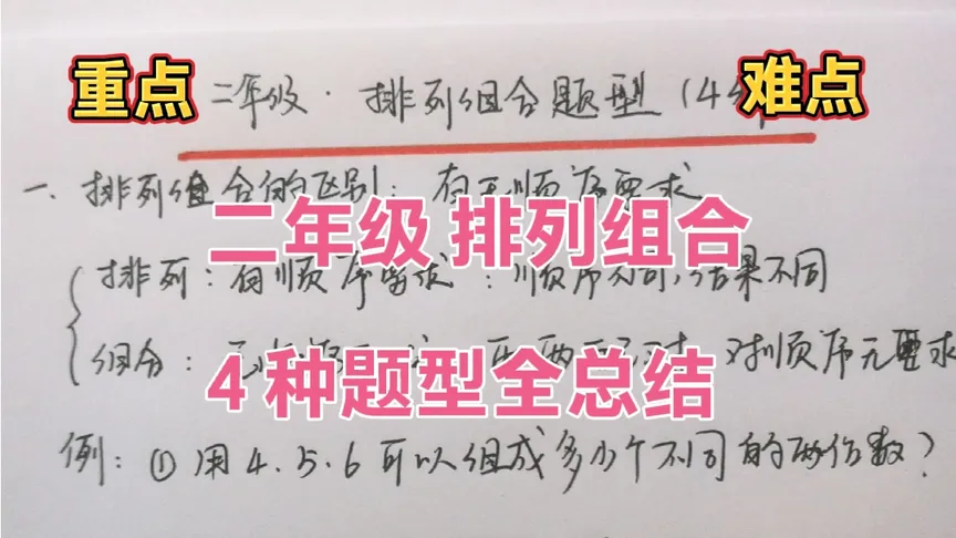 二年级,排列组合四种题型全总结,哪个方法更好更快,一看就会