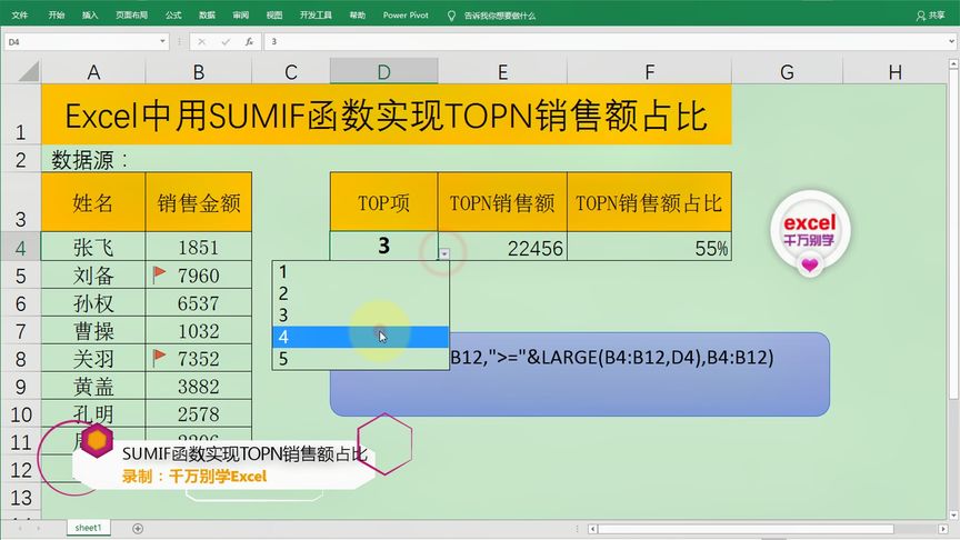Excel中用SUMIF函数实现TOPN销售额占比的动态计算,简单高效!