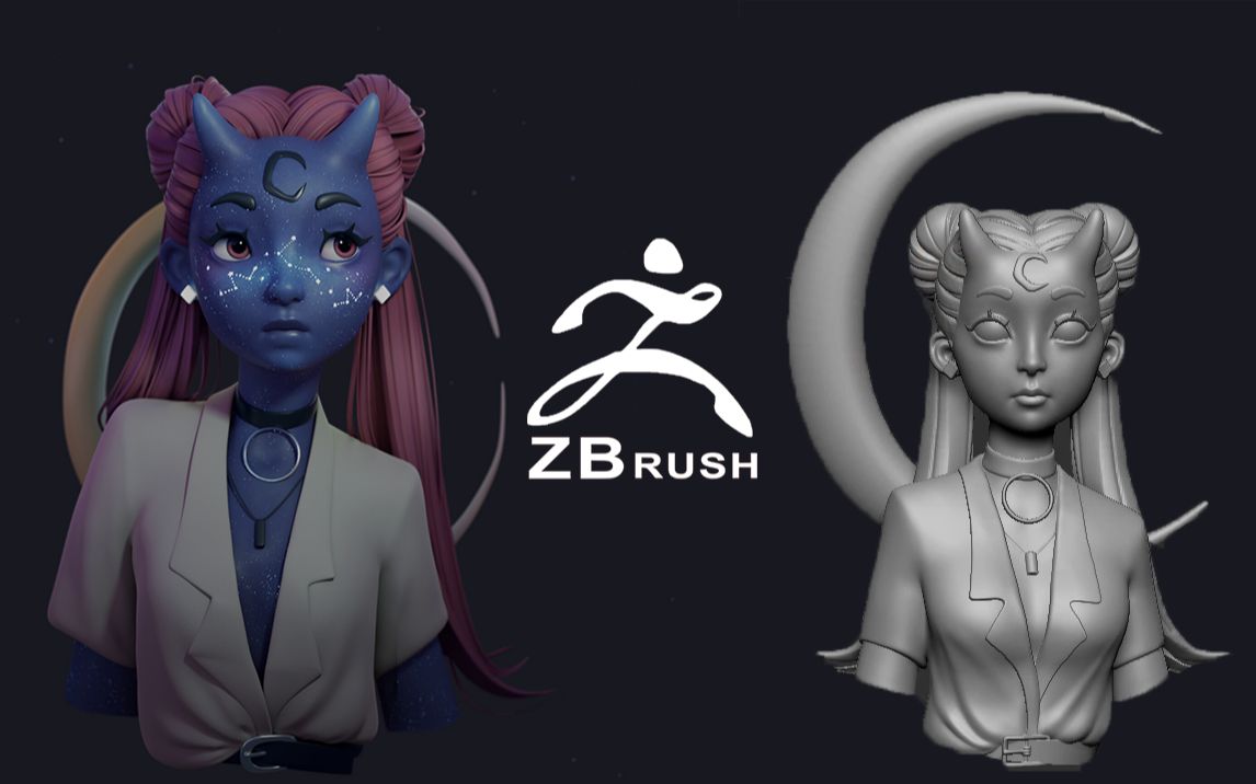 zbrush雕刻。月亮少女”3d人物角色模型雕刻教程