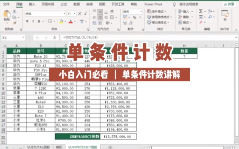 ...中除了COUNTIF外还可以使用SUMPRODUCT函数进行单条件计数