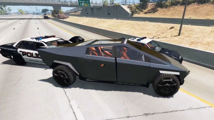 BeamNG:各种警车轮番上阵拦截特斯拉赛博皮卡车,撞车瞬间够酸爽