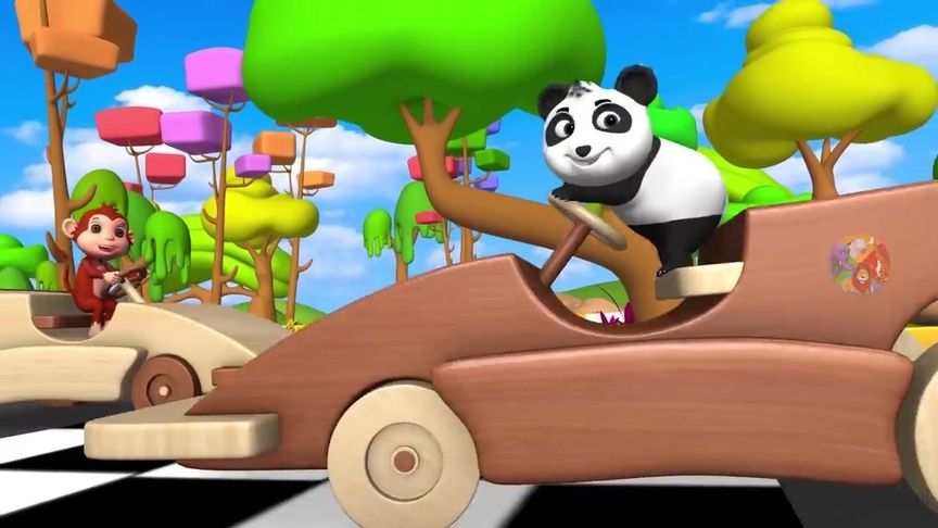 森林里的小动物,有趣的猴子大猩猩兔子熊猫狮子玩木制赛车比赛