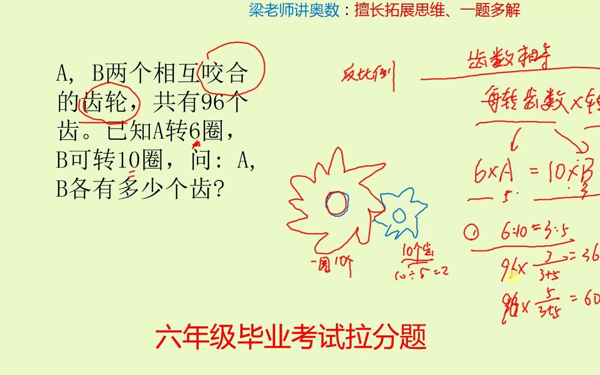 名校宝典:大小齿轮相互咬合:反比例问题