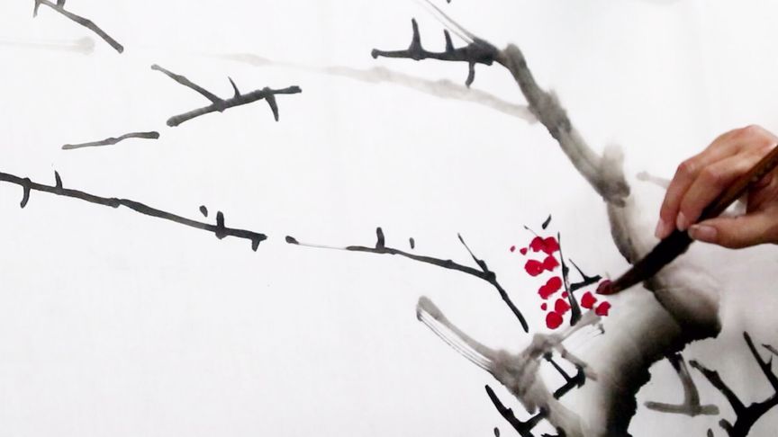 中国国画教学视频，教你画梅花图，注意构图步骤，画起来很容易