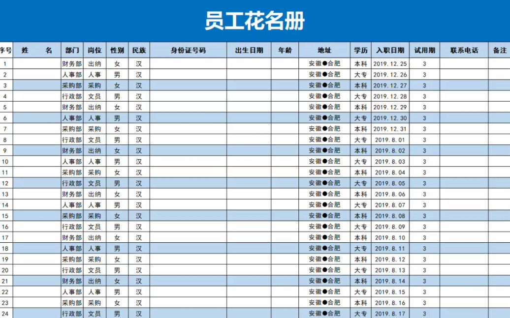 员工花名册、人力资源、hr常用表格