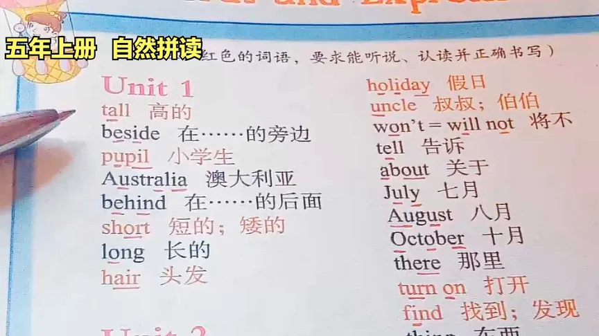 闽教英语 五年级上册 Unit1 单词 自然拼读