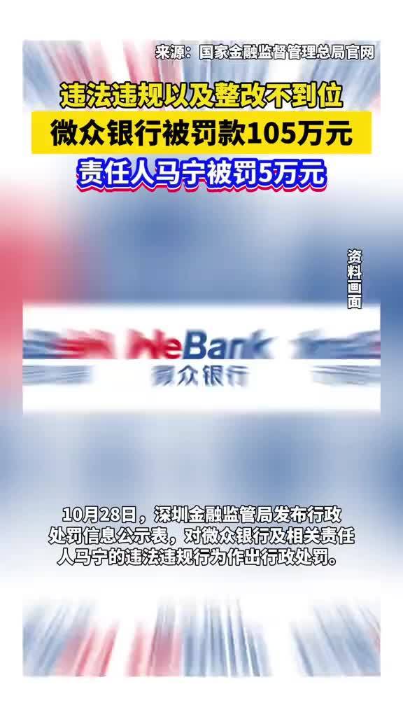 违法违规以及整改不到位,微众银行被罚款105万元