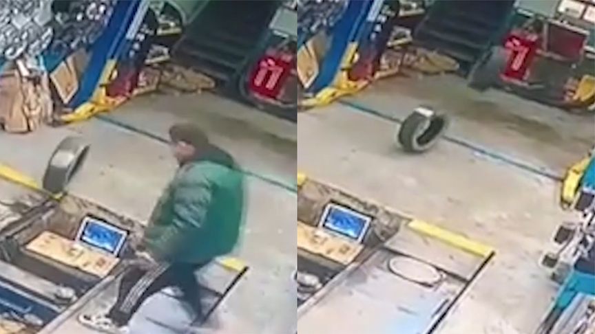 一汽修工抬脚截停滚动轮胎,一脚将另一轮胎踹到,网友:真帅