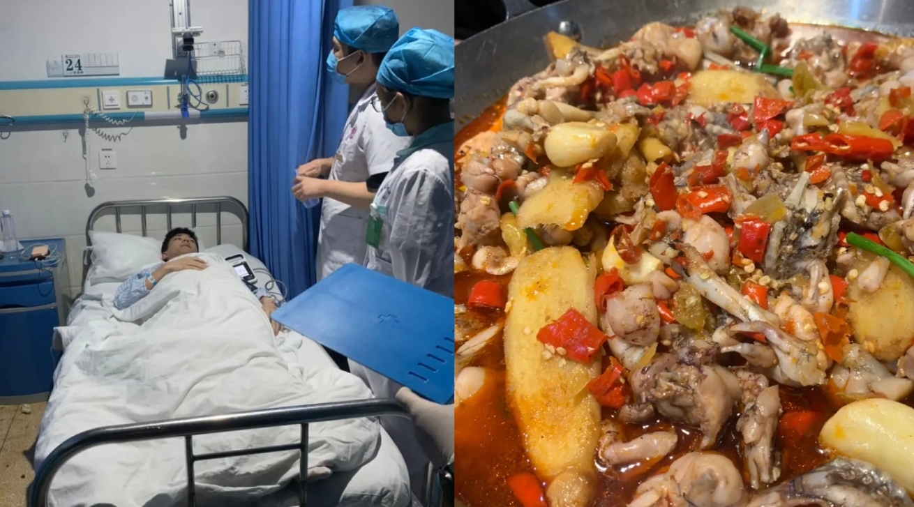 男生来湖南旅游吃爆辣牛蛙,刚吃几口就卡喉险伤动脉,旅游变住院