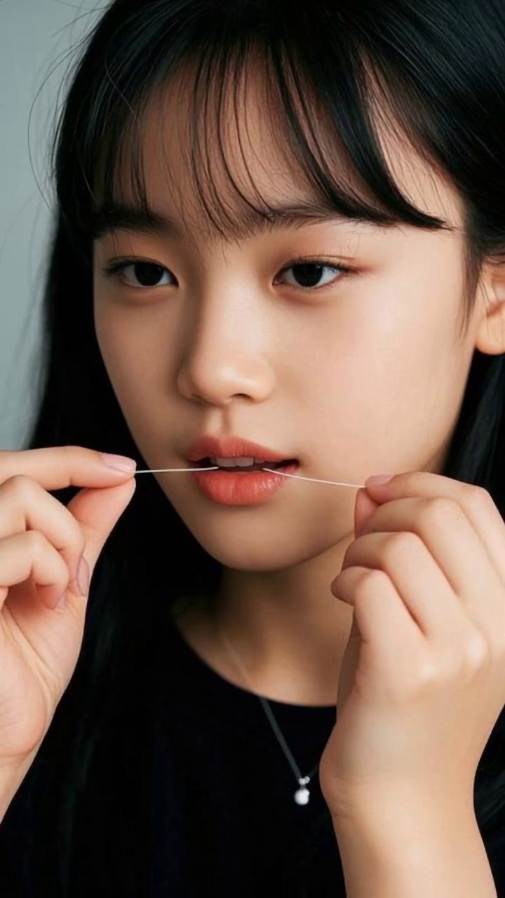 一位年轻女性在明亮浴室中对着镜子专注使用牙线,柔和自然光线洒在...