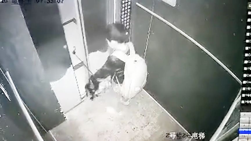 熊孩子拿雨伞卡住电梯 不料电梯突然下降折断伞柄 被困后吓的大哭