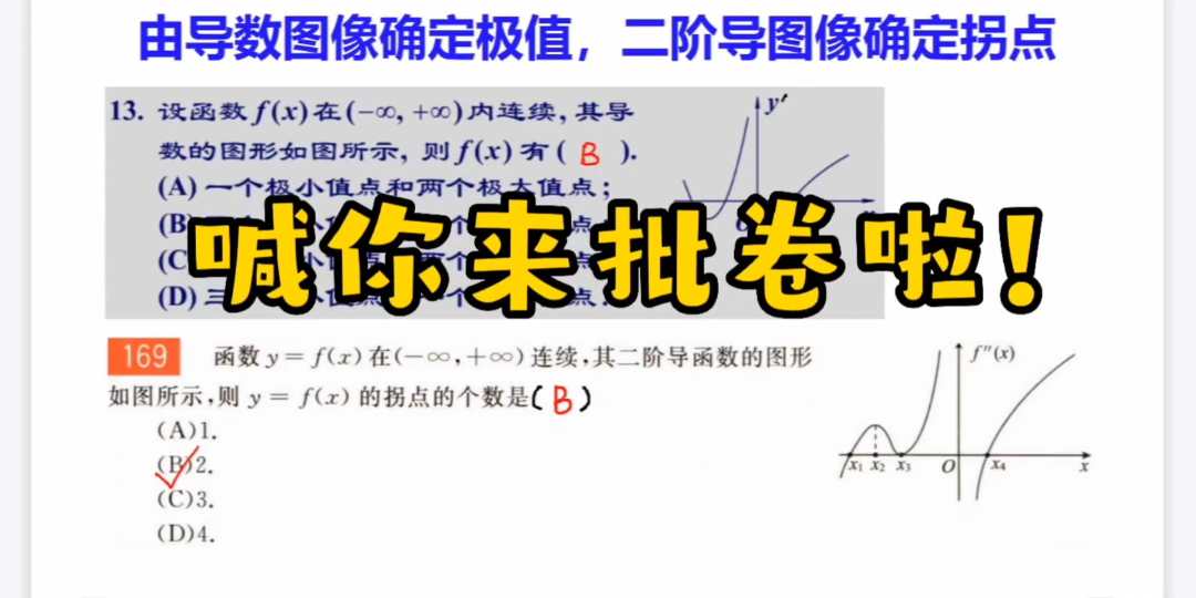 批卷2-已知导数图形求极值个数,已知二阶导数图形求拐点个数