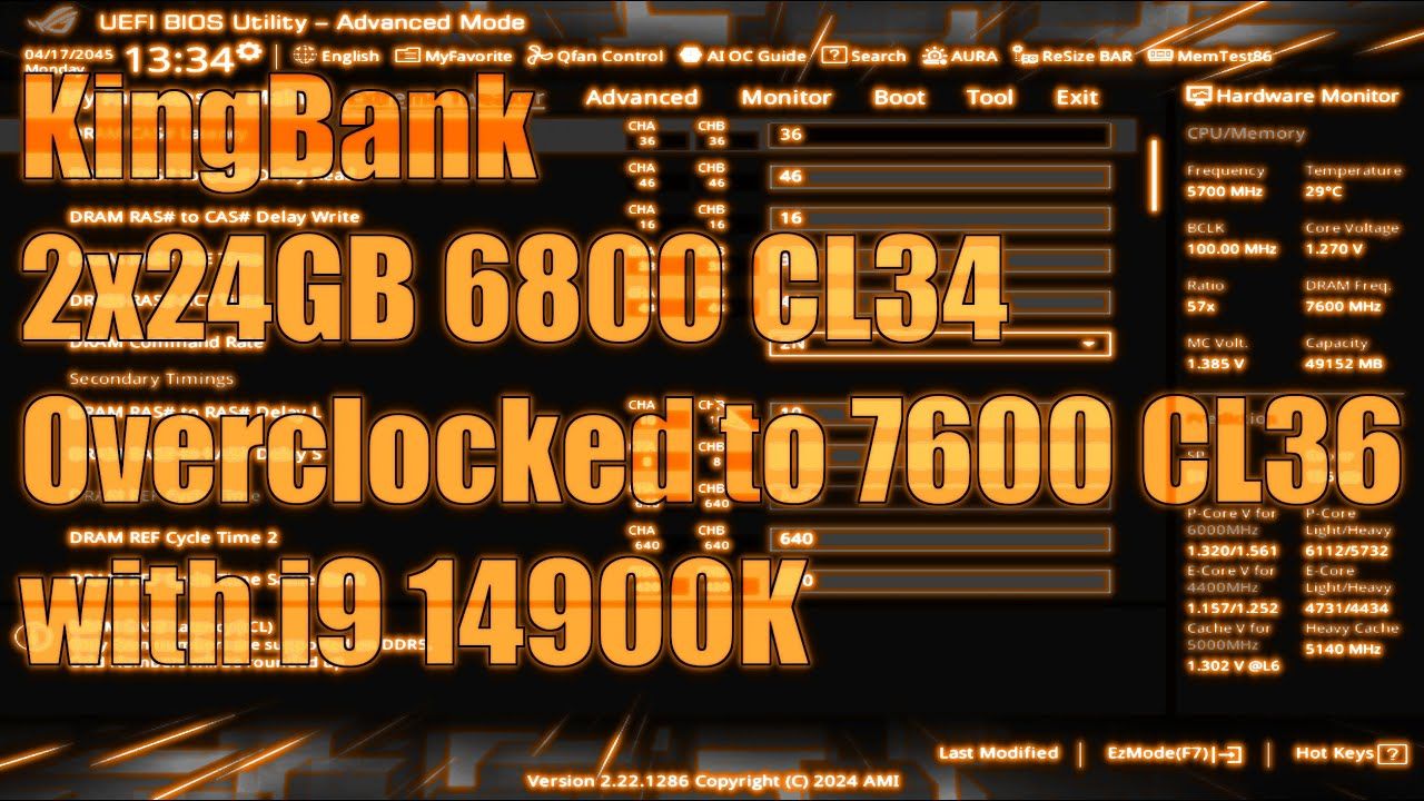 金百达DDR5-6800 CL34 海力士24Gb M-die超频到7600CL36【...