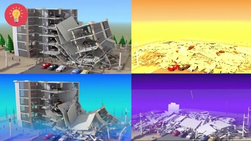 3模拟不同星球的建筑因地震倒塌的画面