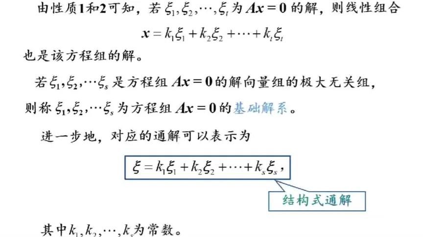 线性代数中齐次线性方程组的解的结构,重点是基础解系的构成。