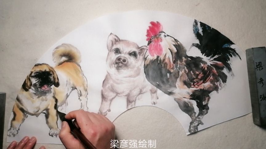 传承中华民族优秀传统文化‘吉祥三宝’～梁彦强画鸡、猪、狗生肖