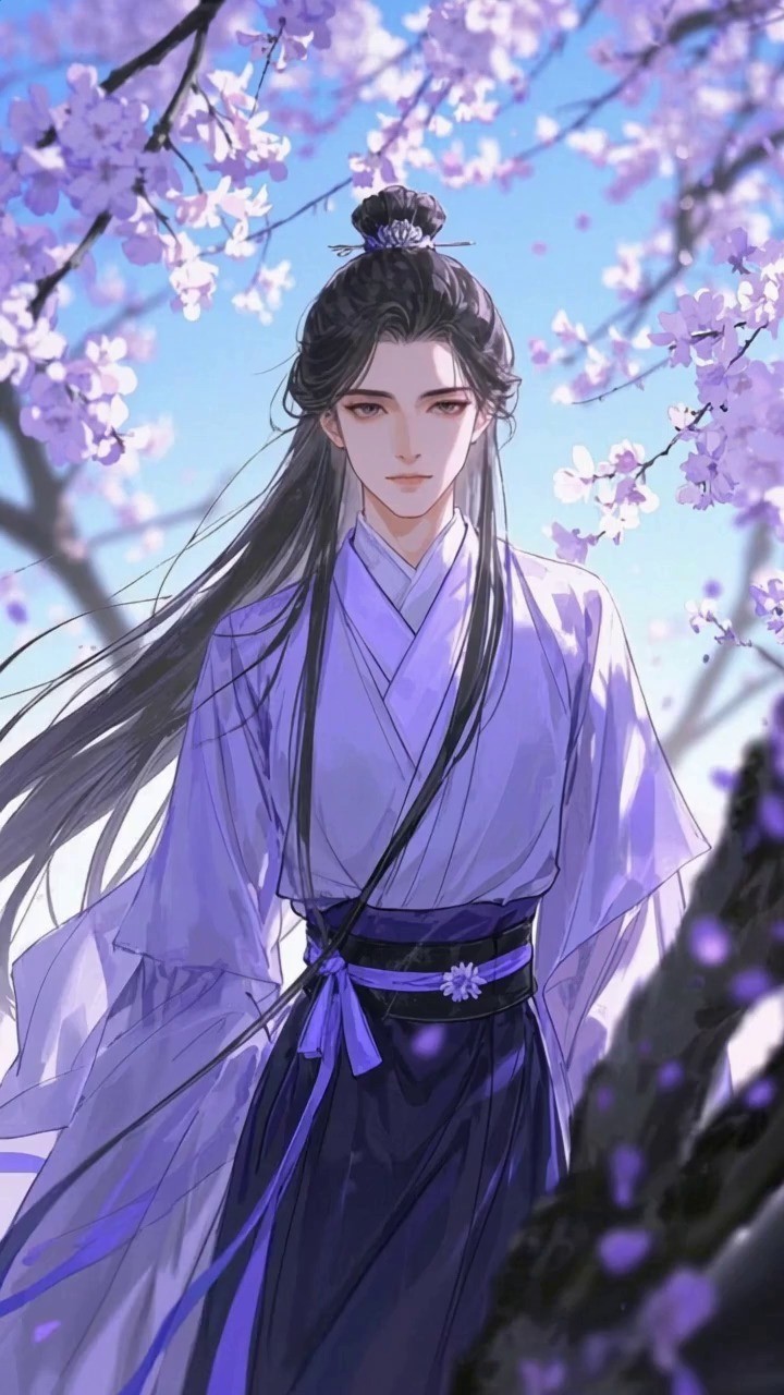 ...水墨画风格,长发束冠的俊美男子身着刺绣汉服,在盛开的粉色樱花树下...