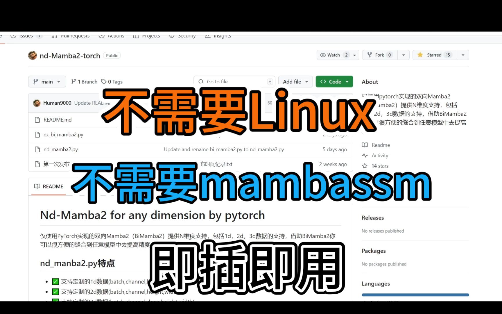 ...pytorch实现的即插即用Mamba模块,不需要linux环境和mambassm库