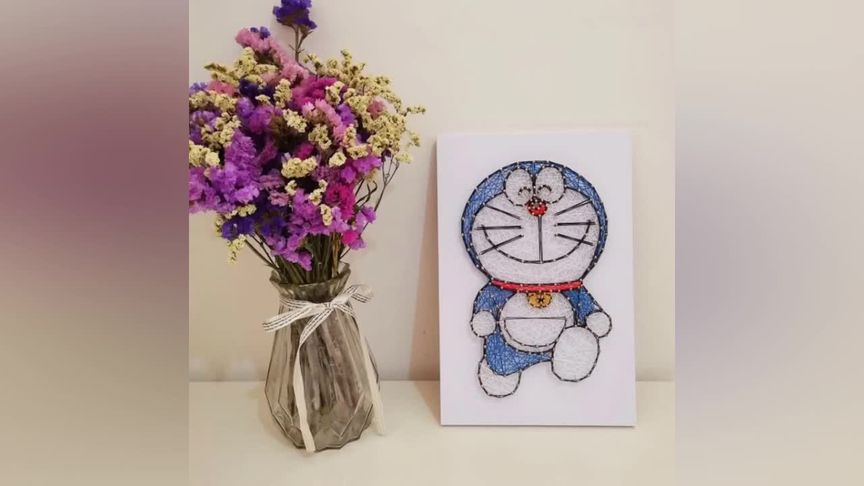 创意手工叮当猫/哆啦A梦diy制作钉子绕线画展示(教程在上一篇)