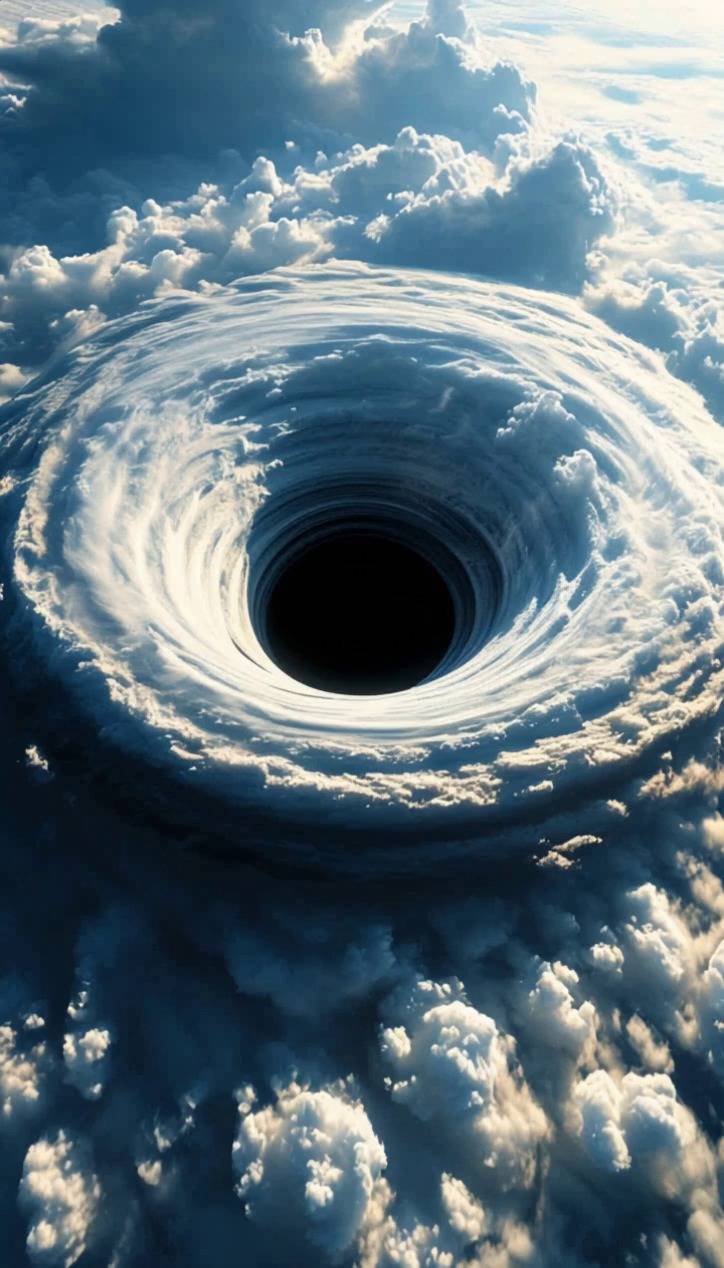 深邃黑洞核心被紫红色能量光晕环绕,旋涡状暗物质云层翻涌,HDR光照...