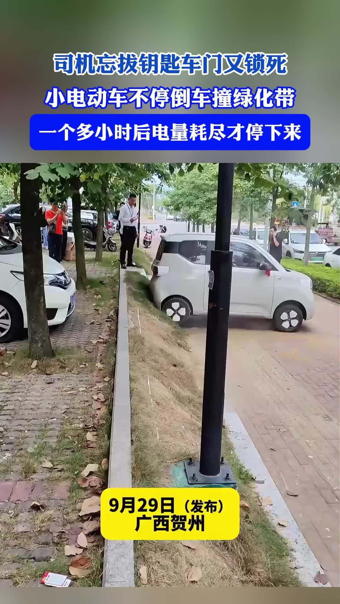 司机忘拔钥匙车门又锁死,电动车不停倒车撞绿化带,直到电量耗尽
