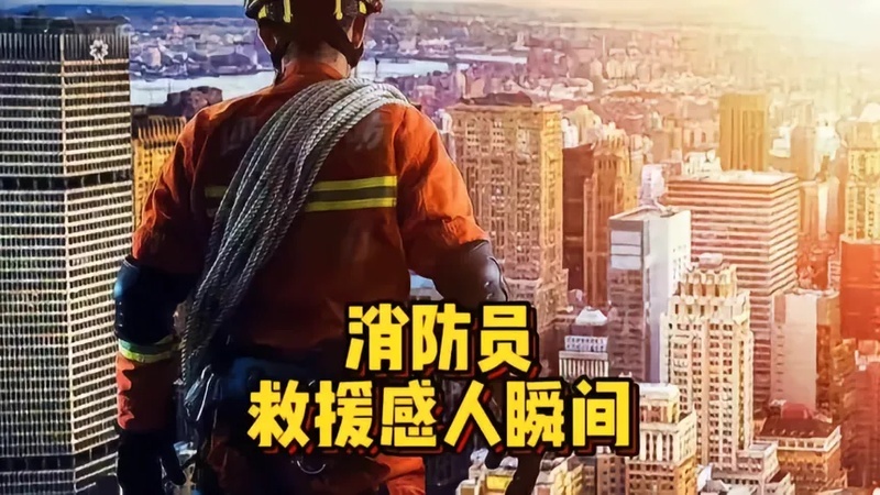 消防队员在救火中被砸倒在地