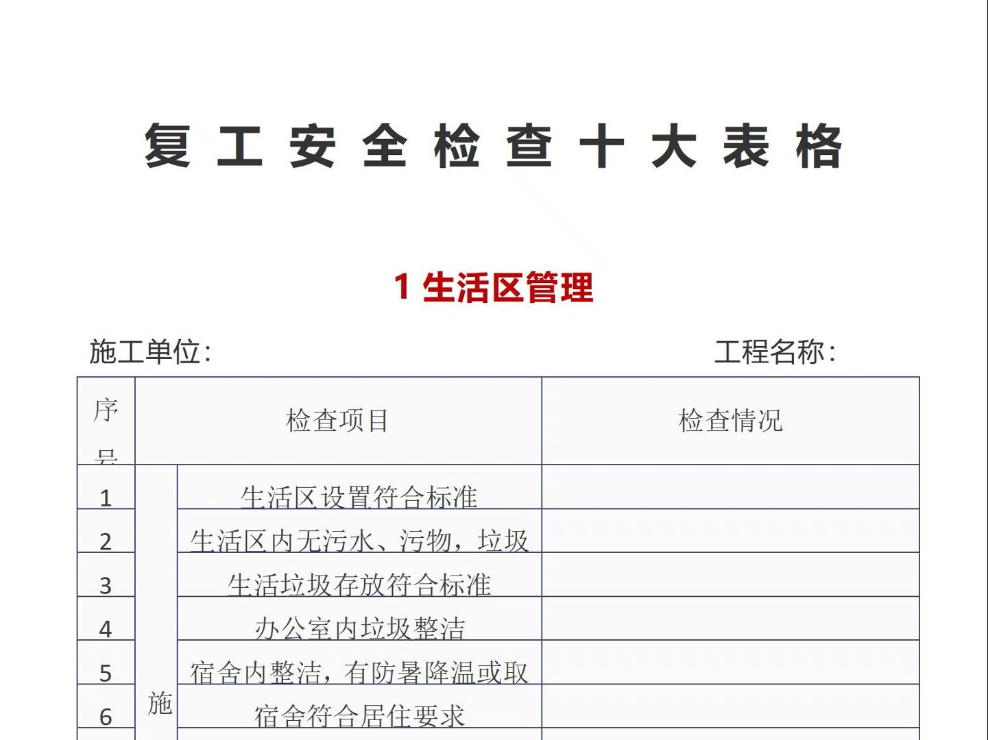 工程项目节后复工安全检查”十大表格“