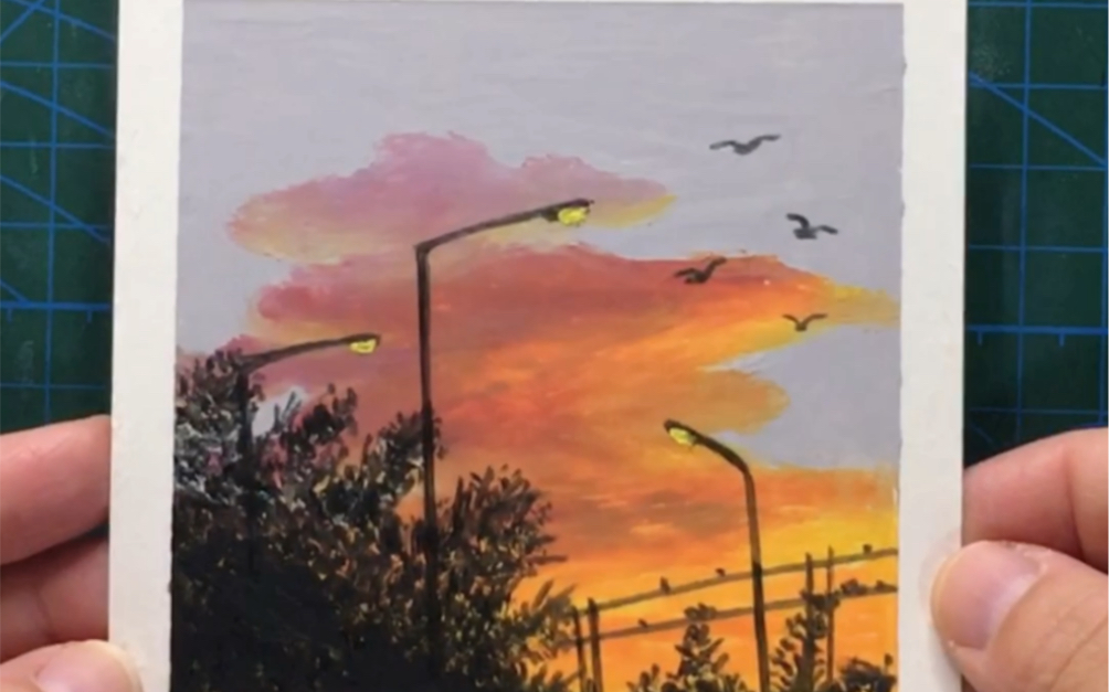 油画棒|一起看夕阳下的云吧,日落元彩,油画棒风景画教程,超简单又治愈