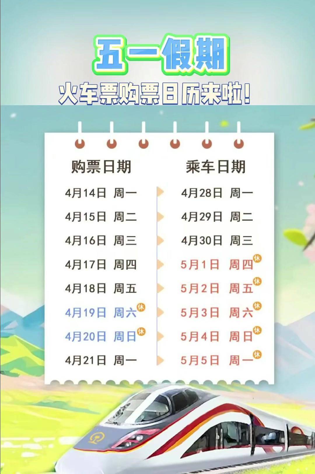 五一假期火车票购票日历来啦!#五一假期